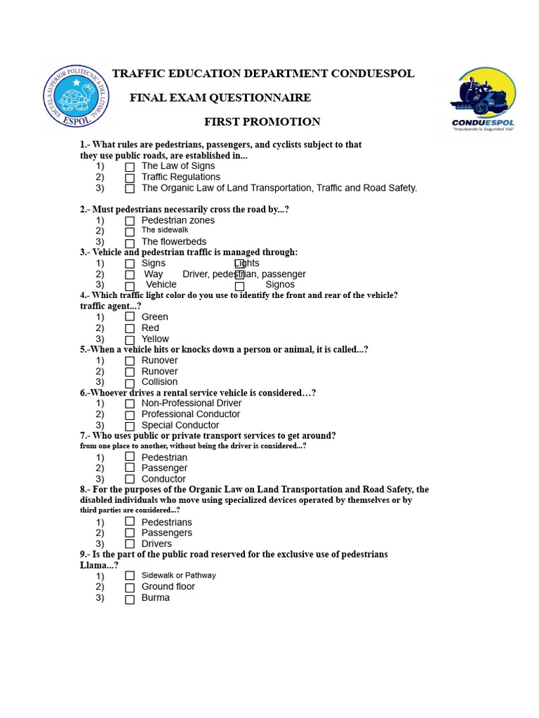 Traffic Education Exam Conduespol Students | PDF | Traffic ...