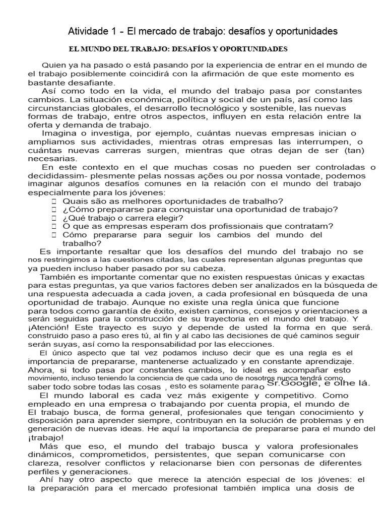 Actividad 1 - TEXTO EL MUNDO DEL TRABAJO - DESAFÍOS Y OPORTUNIDADES ...