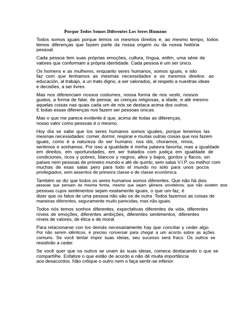 Porque Todos Somos Diferentes Os Seres Humanos | PDF | Humano | Sentimento