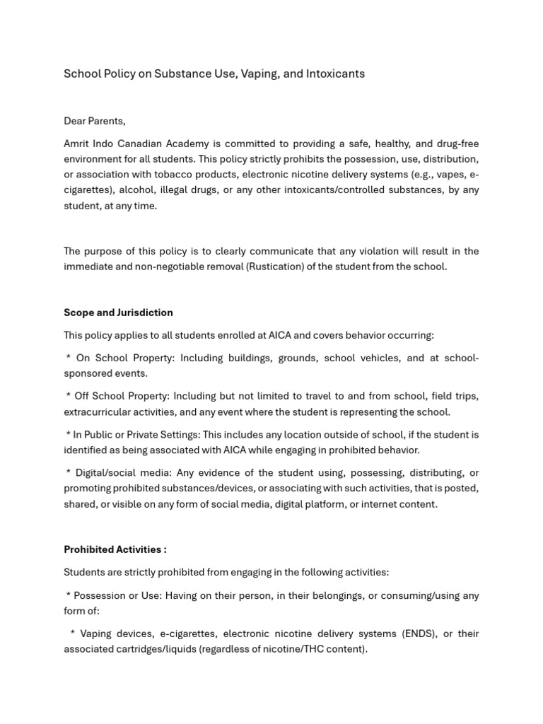 School Policy On Substance Use | PDF
