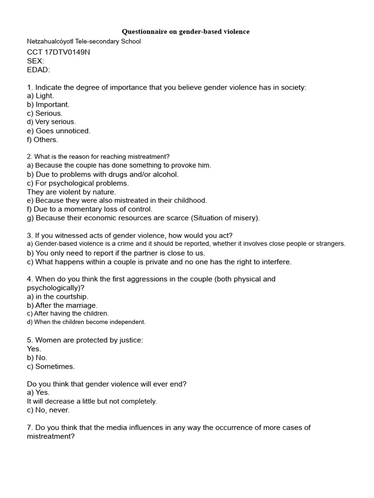 Questionnaire On Gender Violence | PDF | Violence | Domestic Violence