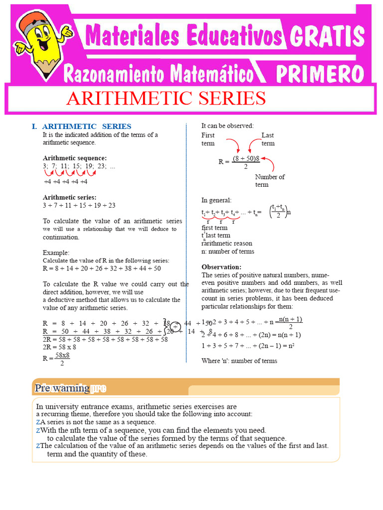 Arithmetic Series For First Grade of Secondary School PDF | PDF ...