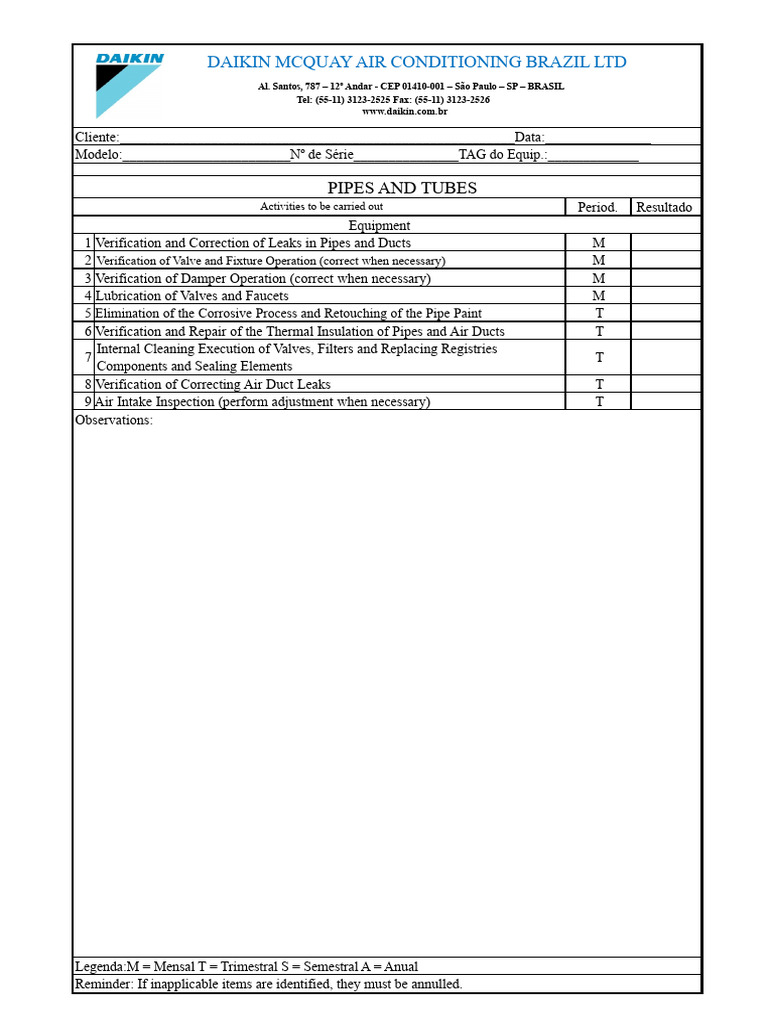 Daikin Air Conditioning Maintenance Checklist | PDF
