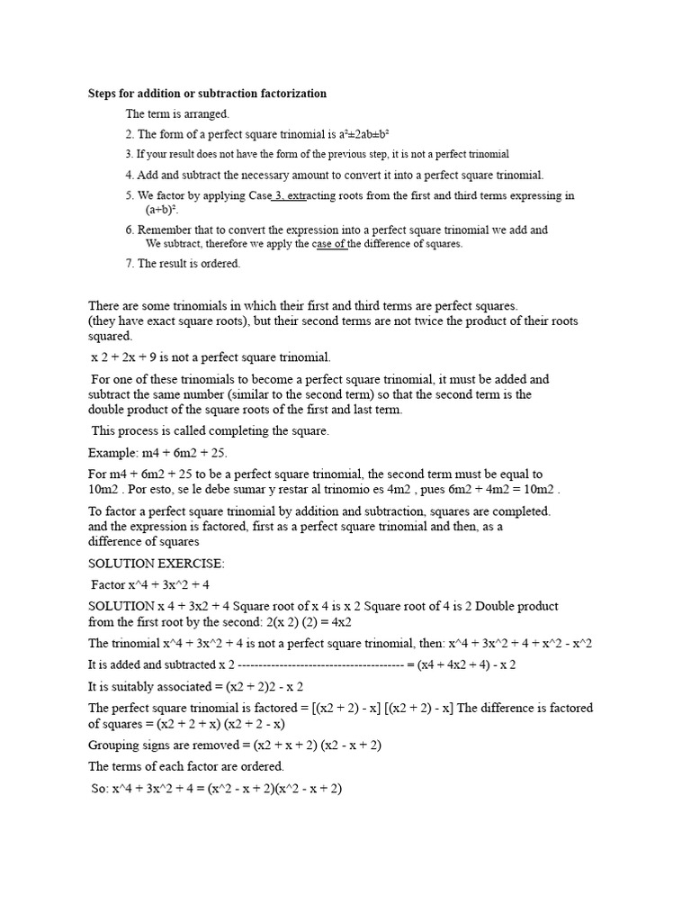Perfect Square Trinomial by Addition and Subtraction | PDF ...