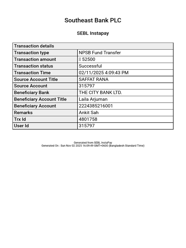 Successful NPSB Fund Transfer Details | PDF