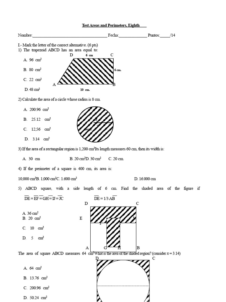 Eighth Grade Test Shaded Areas 8th | PDF
