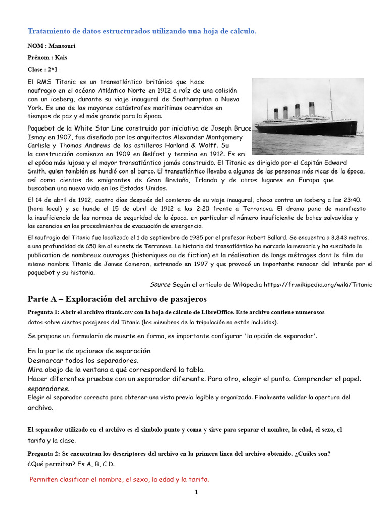 AE1 Titanic Tabla | PDF | línea Estrella Blanca | Enviar colisiones con ...