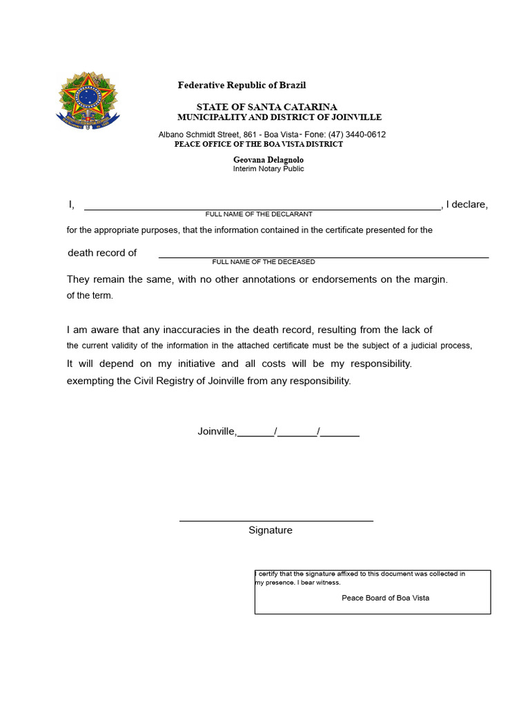 Death Registration Form - Joinville, Brazil | PDF | Social Institutions