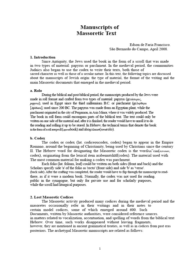 Manuscripts of the Masoretic Text - Hebrew Bible | PDF | Bible | Hebrew ...