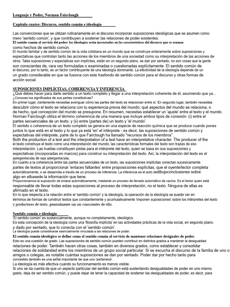 Lenguaje y Poder, Fairclough, Capítulo 4 | PDF | Ideologías | Sentido común