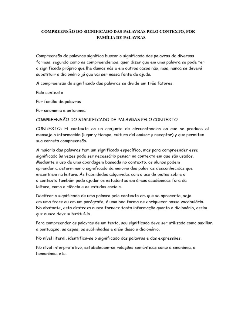 Compreensão do Significado das Palavras pelo Contexto | PDF | Famílias ...
