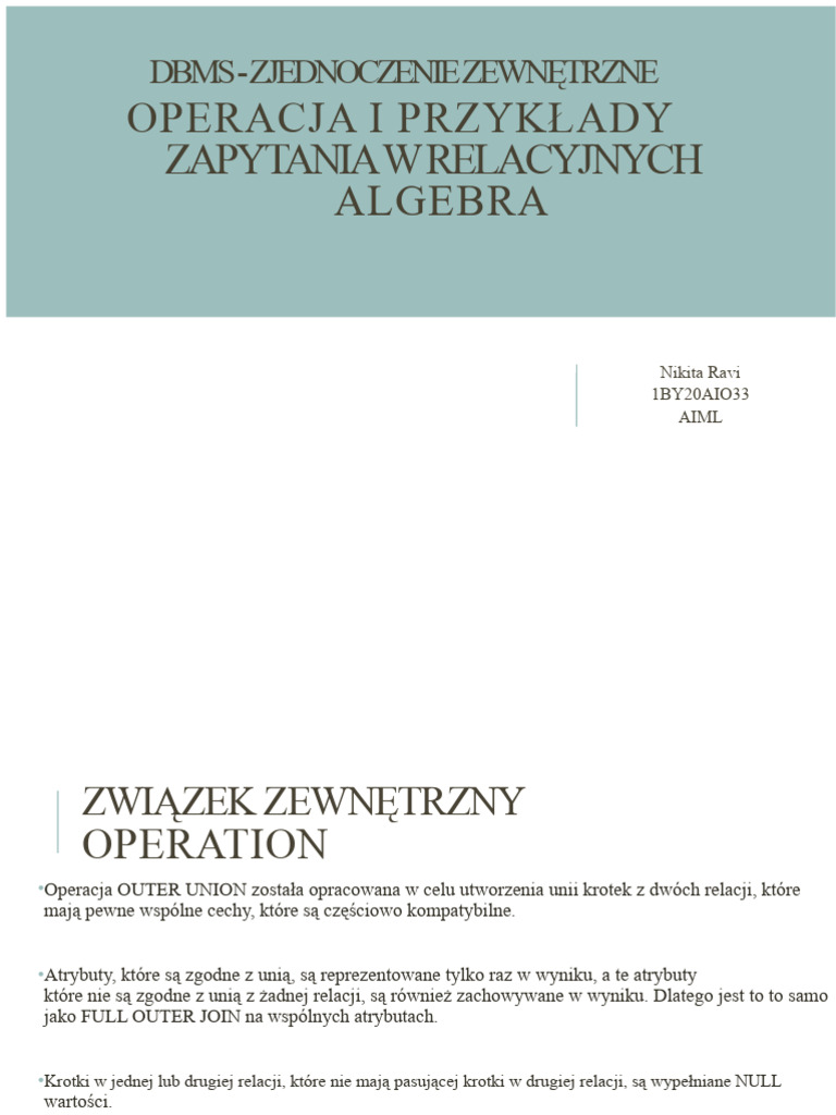 DBMS - Operacja OUTER UNION I Przykłady | PDF