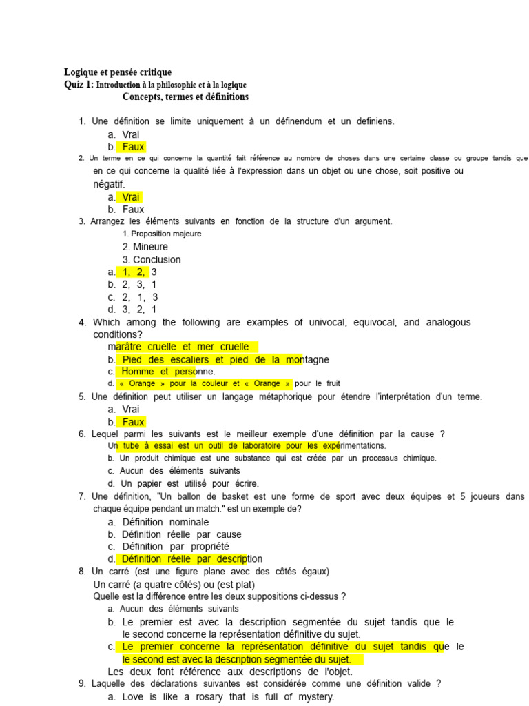 Logique et Pensée Critique_Quiz 1 | PDF | Vérité | Logique