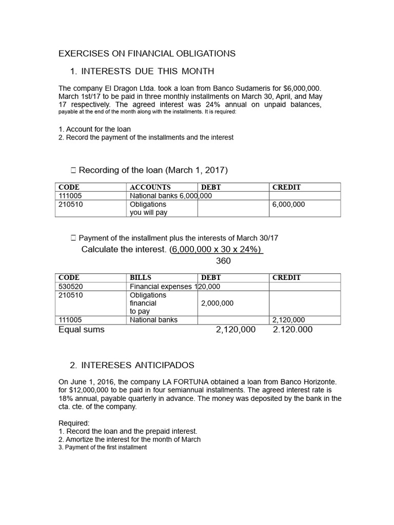 Exercises On Financial Obligations | PDF | Loans | Interest
