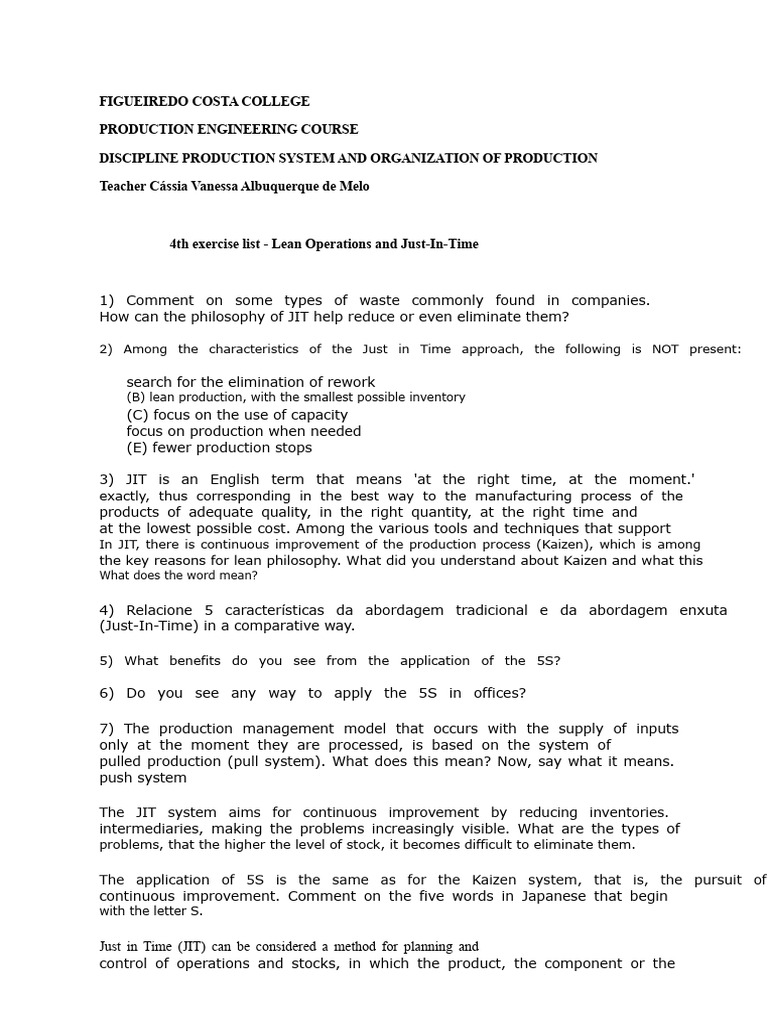 4th LIST OF EXERCISES - LEAN OPERATIONS AND JUST IN TIME | PDF | Lean ...