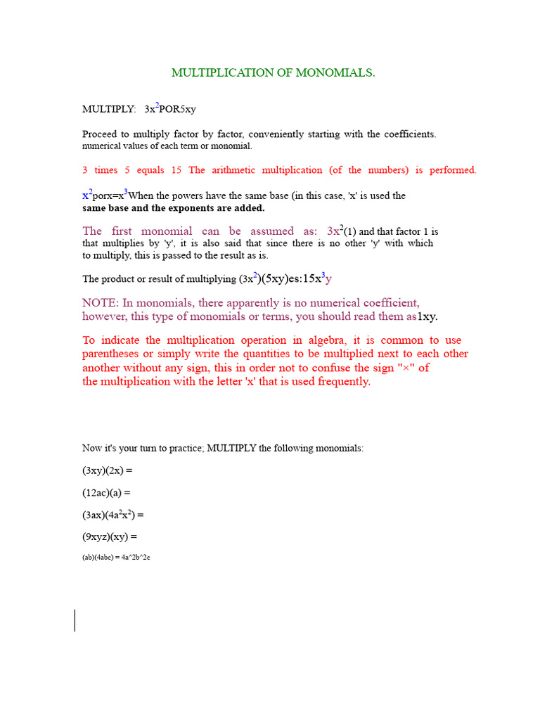 Multiplication of Monomials and Binomials[1] | PDF | Polynomial ...