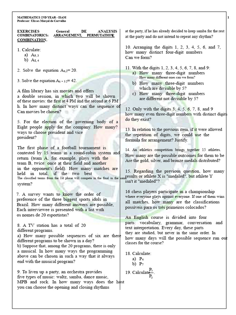 Combinatorics Exercises for 2nd Year Math | PDF | Permutation | Equations
