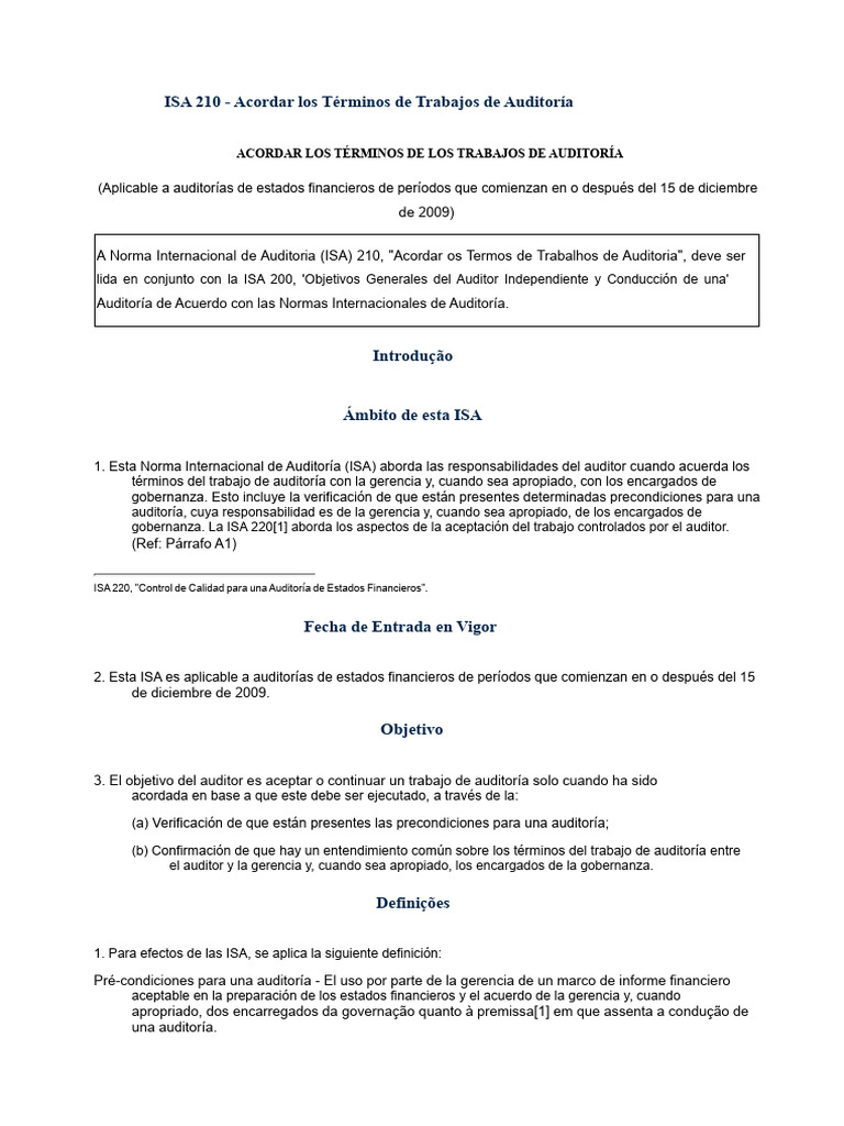 ISA 210 - Acordar Los Términos de Trabajos de Auditoría | PDF ...