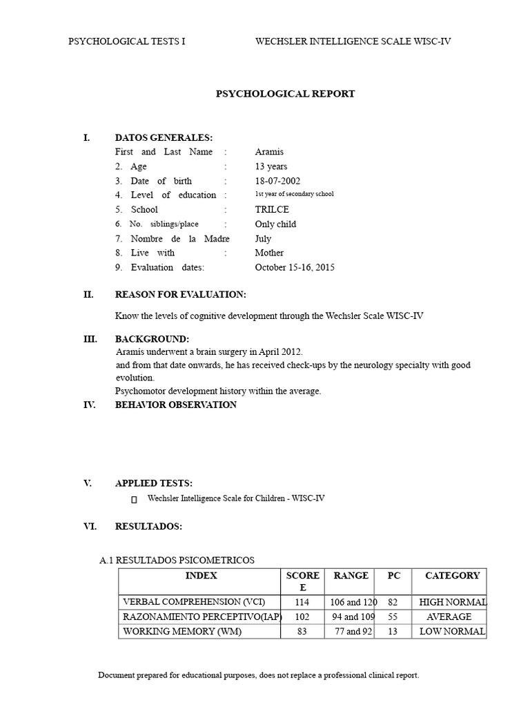 Psychological Report Model WISC IV | PDF | Wechsler Adult Intelligence ...