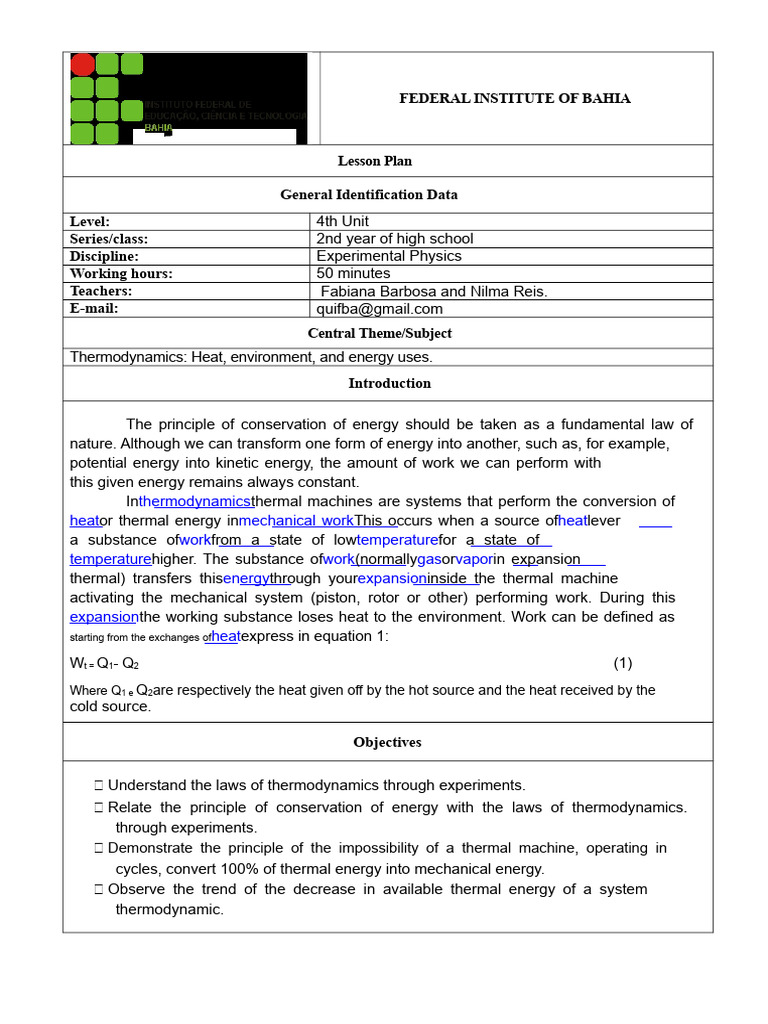 Thermodynamics Lesson Plan for High School | PDF | Heat | Thermodynamics