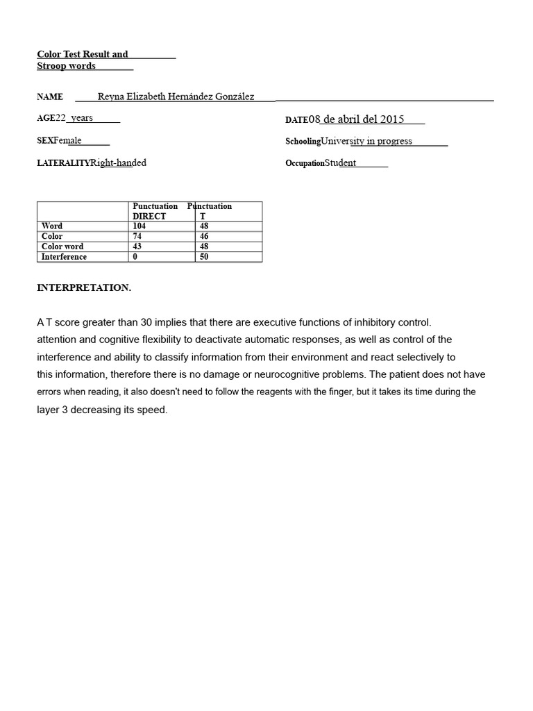 Stroop Test Results and Neuropsychological Evaluation | PDF | Executive ...