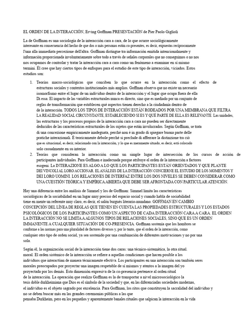 GOFFMAN - El orden de la interacción | PDF | Sociología | Estructura social