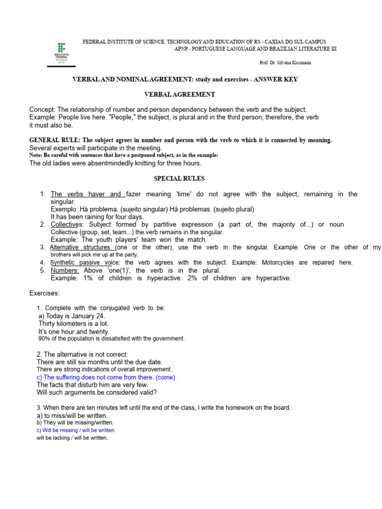 Activity 1 Agreement Answer Key | PDF | Grammatical Number | Subject ...