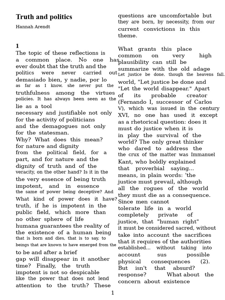 Hannah Arendt - Truth and Politics.docx | PDF | Truth | Reason
