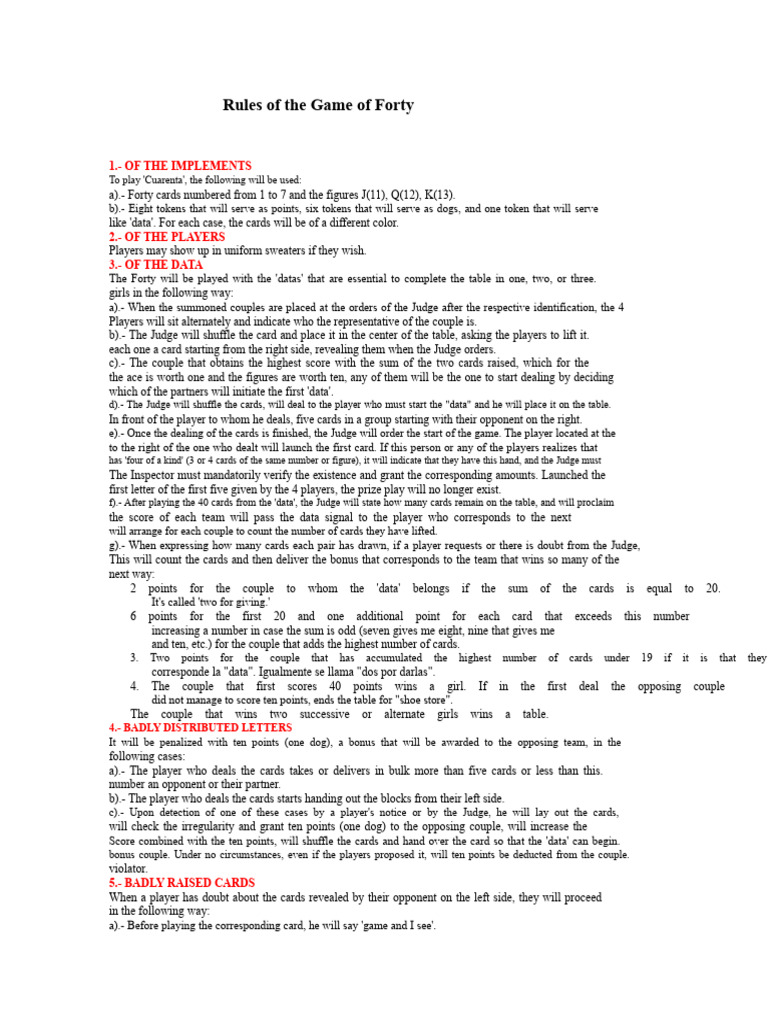 Rules of The Game of Forty | PDF