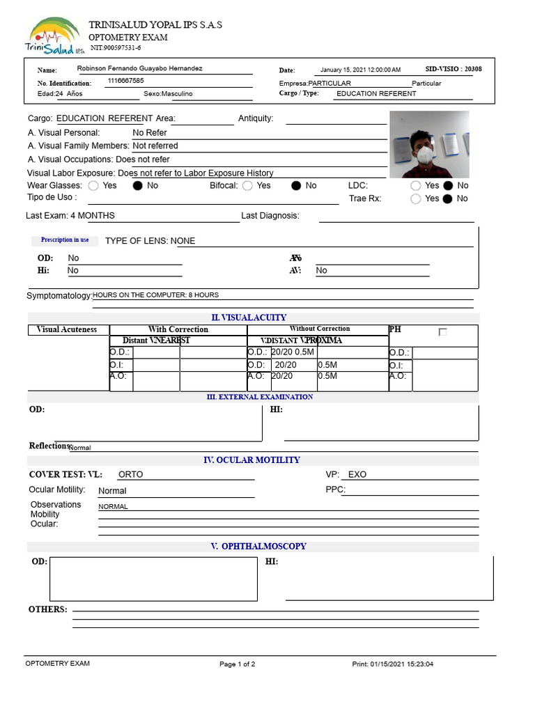 Optometry Exam Report for Robinson Hernandez | PDF | Optometry | Visual ...