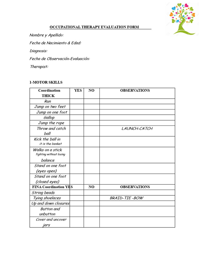 Occupational Therapy Evaluation Form | PDF | Occupational Therapy ...