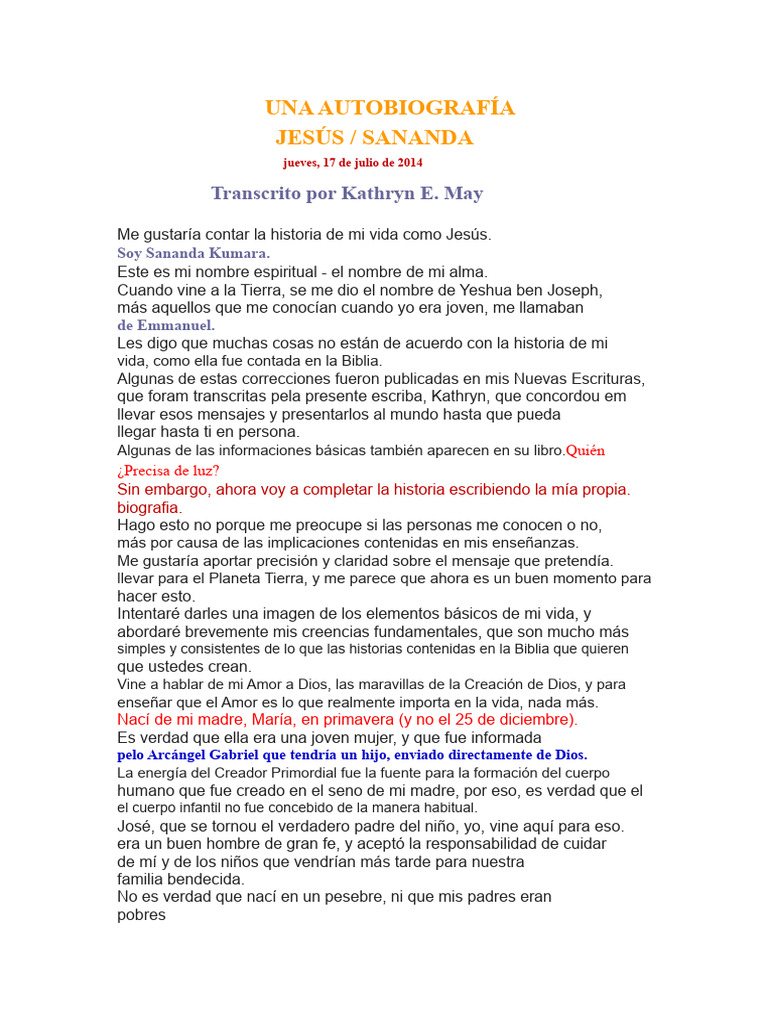 Jesús Sananda Una Autobiografía Kathryn e. May | PDF | Amor | Dios