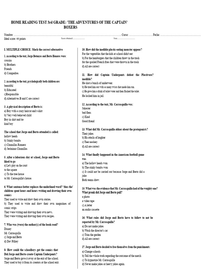 Reading Comprehension Test (Captain Underpants) | PDF