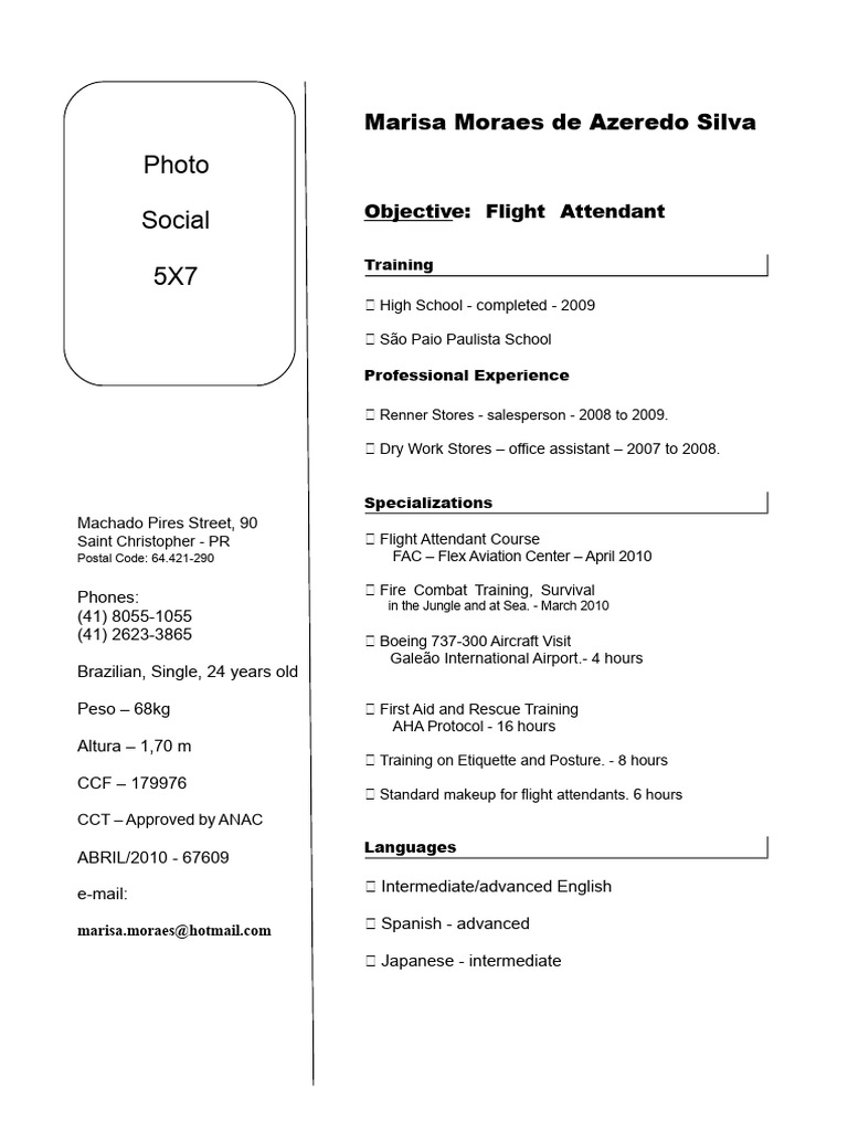 Flight Attendant Resume of Marisa Silva | PDF