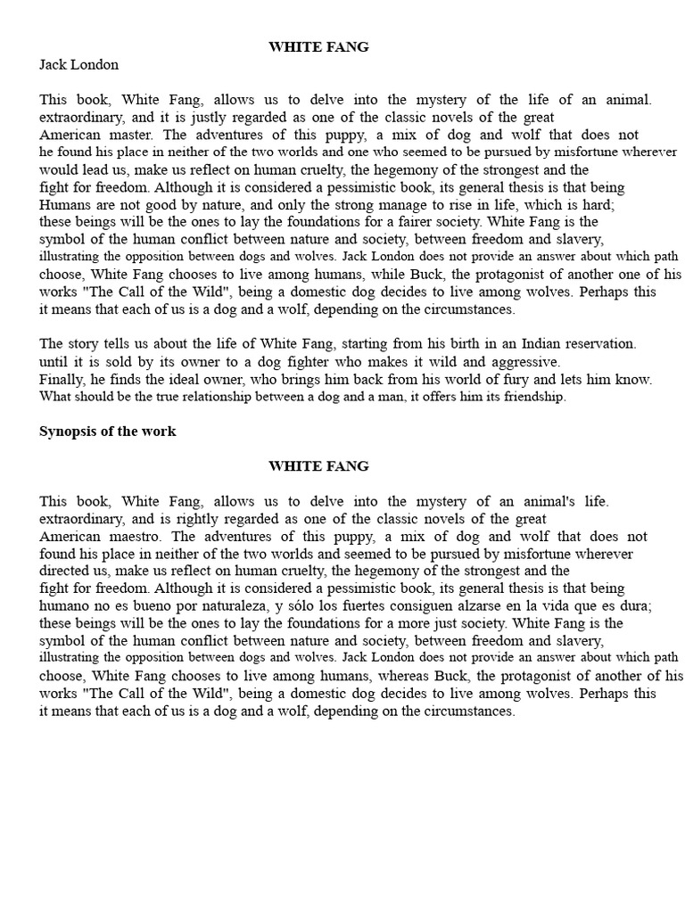 WHITE FANG... Summary by Chapters | PDF | White Fang | The Call Of The Wild