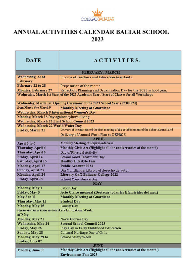 SCHOOL BALTAZAR ANNUAL ACTIVITIES CALENDAR 2023 | PDF
