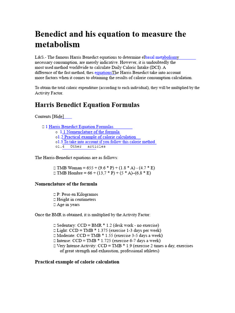 Harris Benedict Formula | PDF | Calorie | Dieting