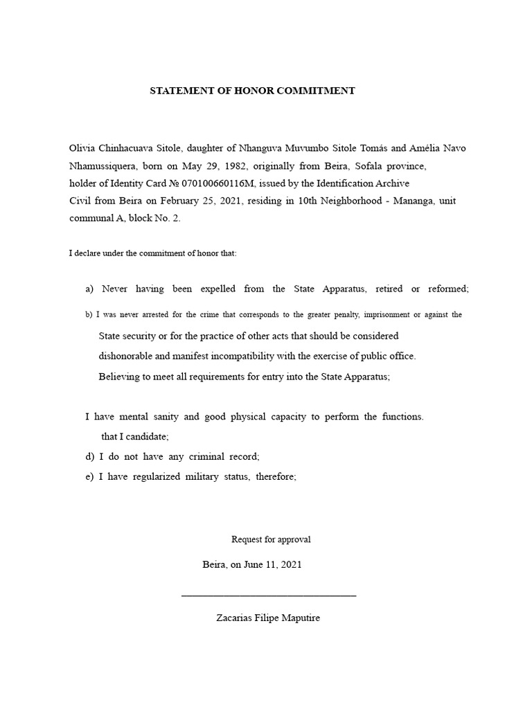 DECLARATION OF HONOR COMMITMENT | PDF