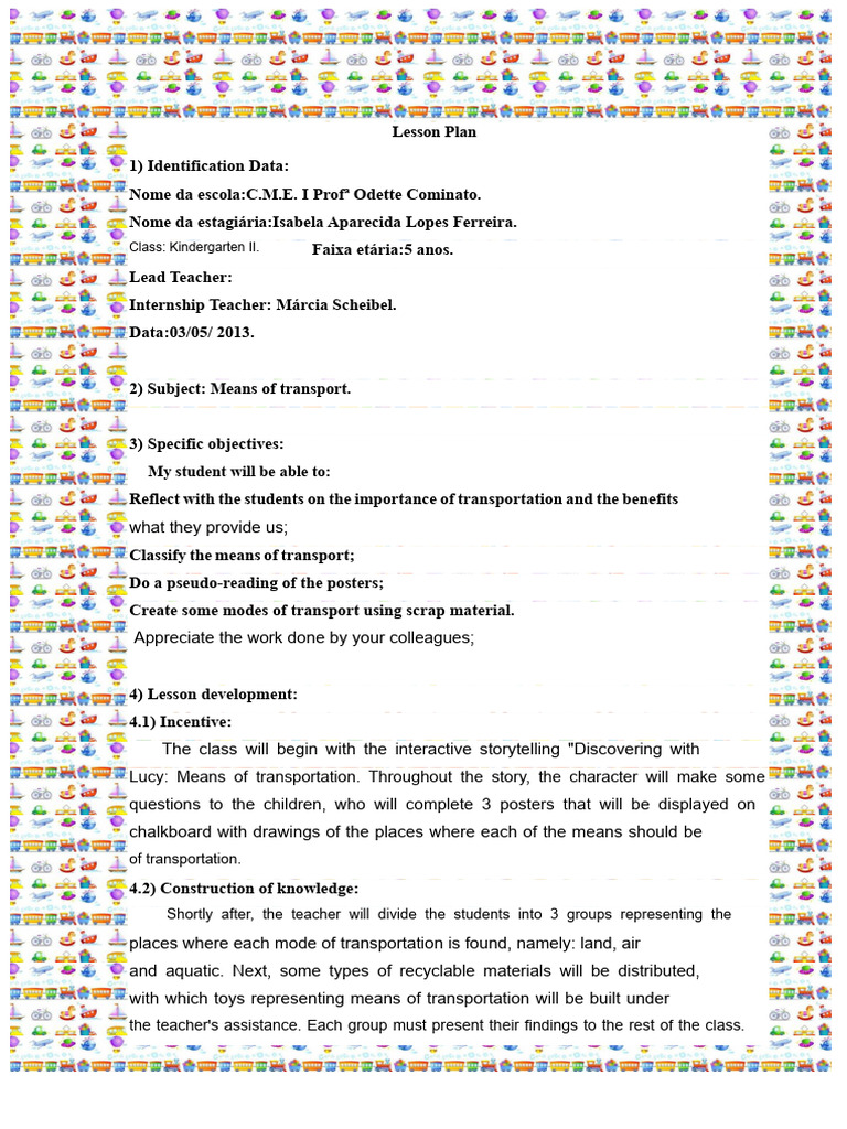 Kindergarten Lesson Plan: Transportation | PDF | Learning | Human ...