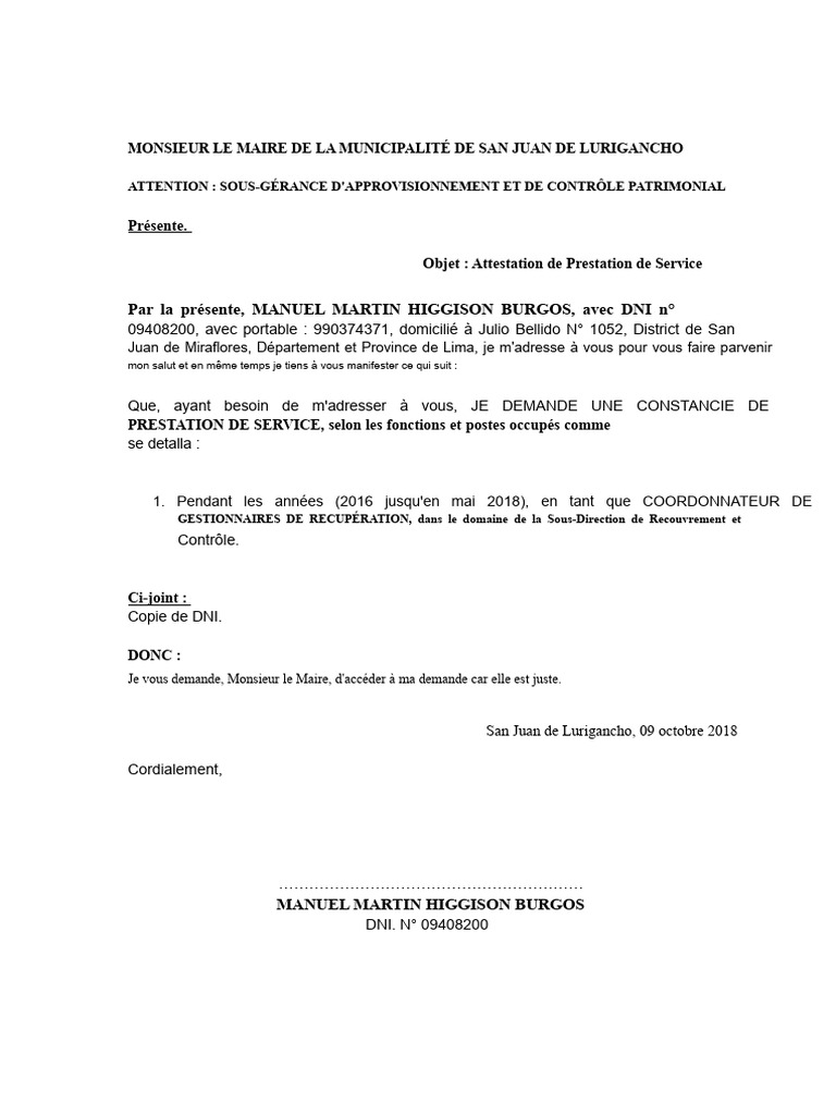 Demande d'attestation de service à San Juan | PDF