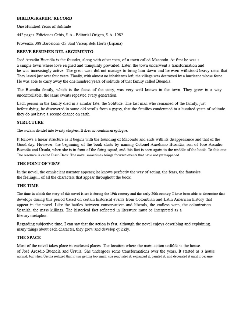 100 Years of Solitude Bibliographic Record | PDF