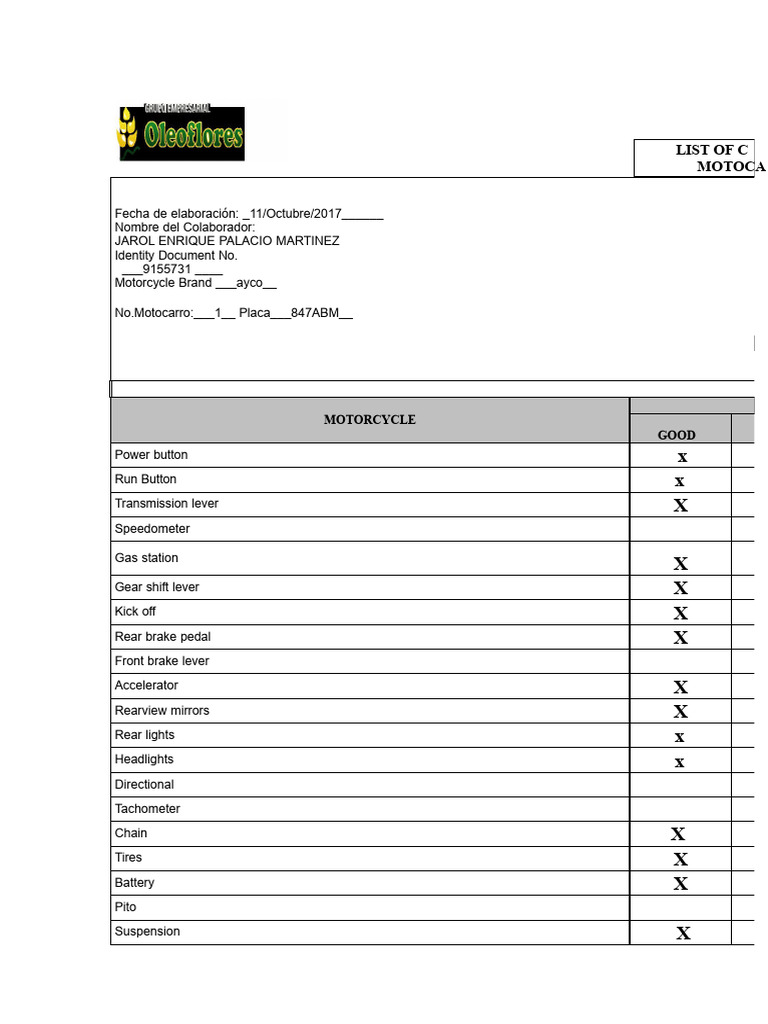 MOTORCYCLE CHECKLIST # 1 | PDF