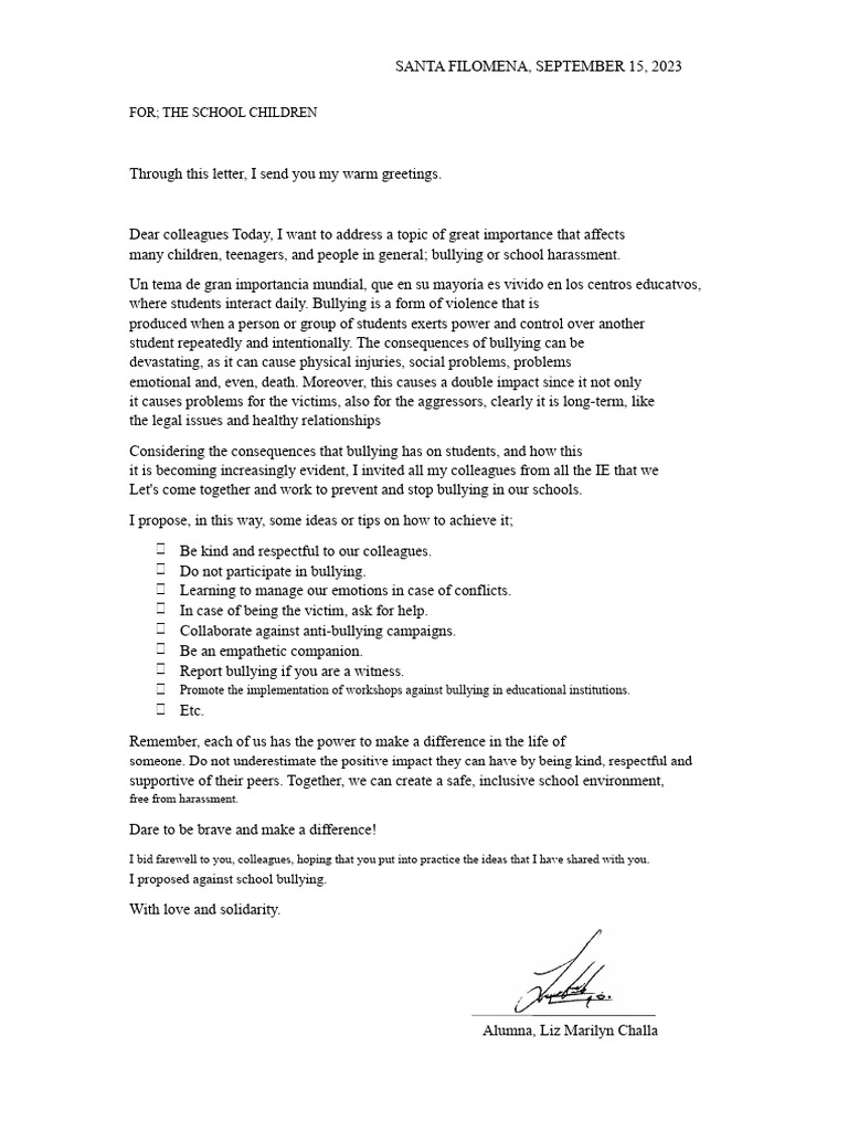 Letter of School Harassment Bullying Gaaa | PDF