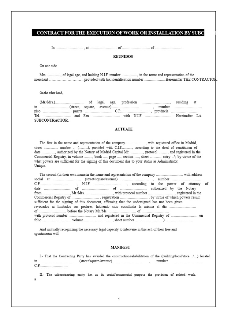 Subcontractor Work Execution Contract | PDF | Subcontractor | Business Law