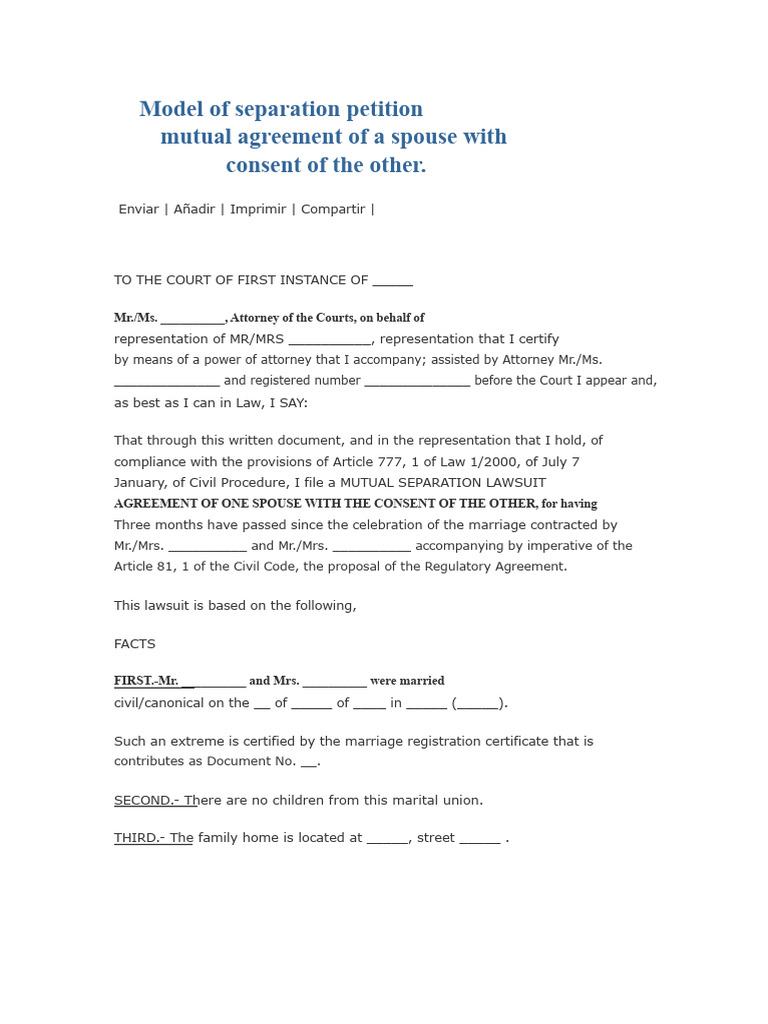 Model of Mutual Agreement Separation Demand of One Spouse with Consent ...