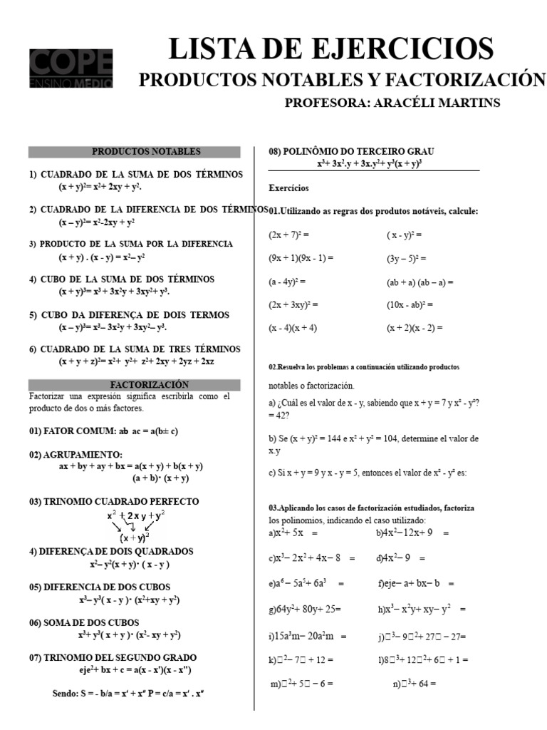 Ejercicios De Productos Notables Y Factorización Pdf Factorización