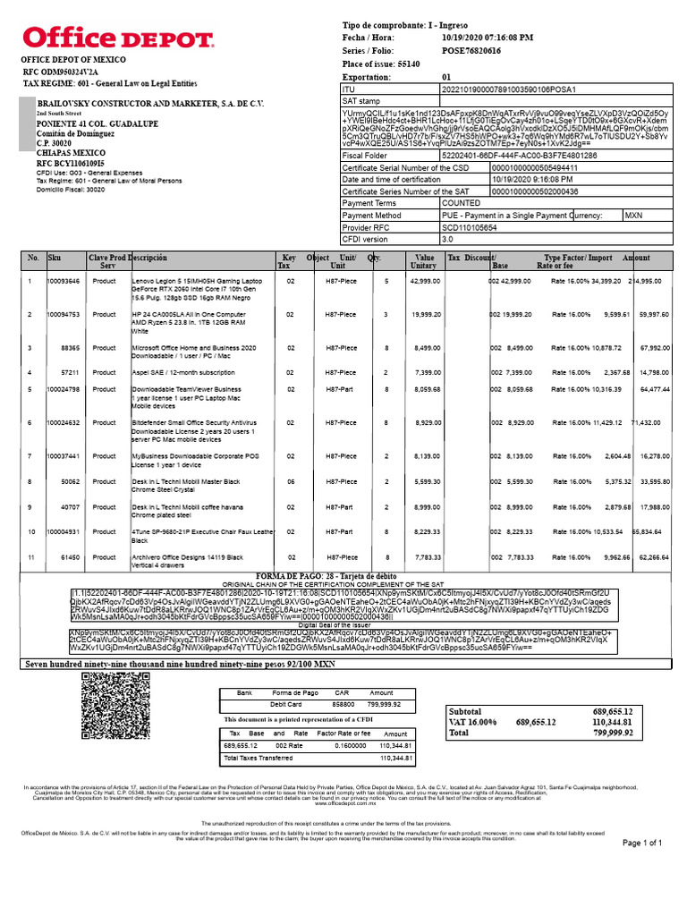 CFDI Invoice for Office Depot Purchase | PDF | Personal Computers ...