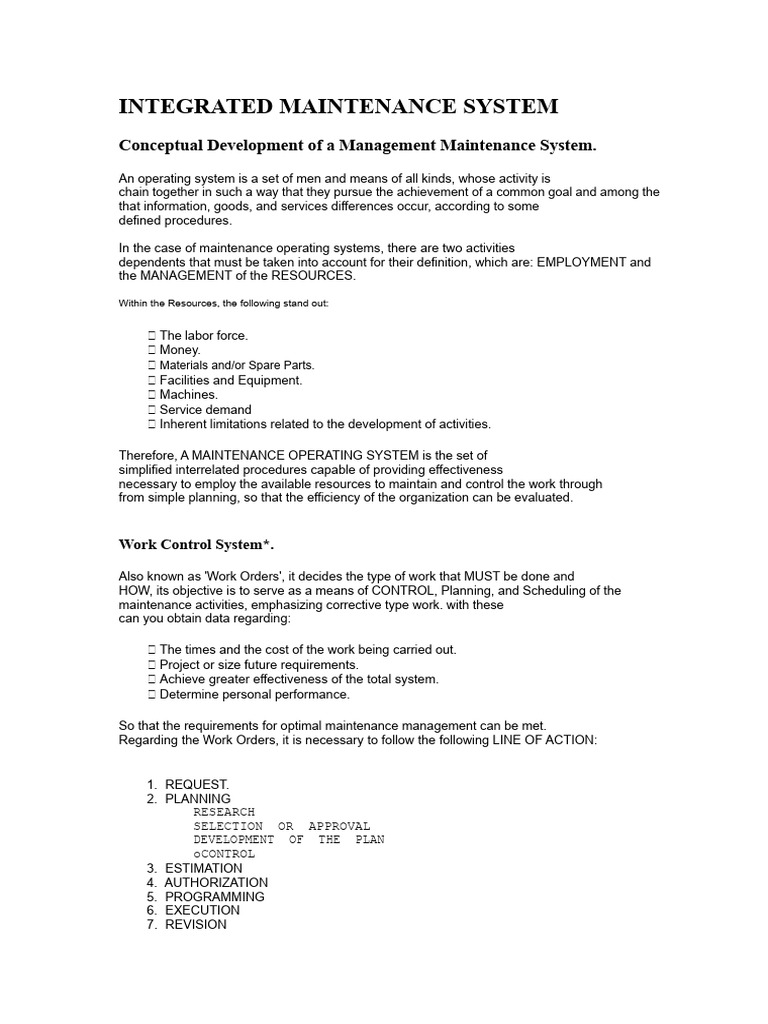 INTEGRATED MAINTENANCE SYSTEM.docx | PDF | System | Business