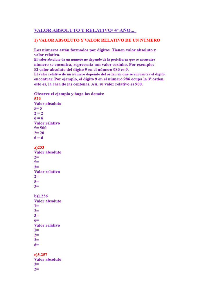 Valor Absoluto y Relativo | PDF | Conjunto (Matemáticas) | Número natural