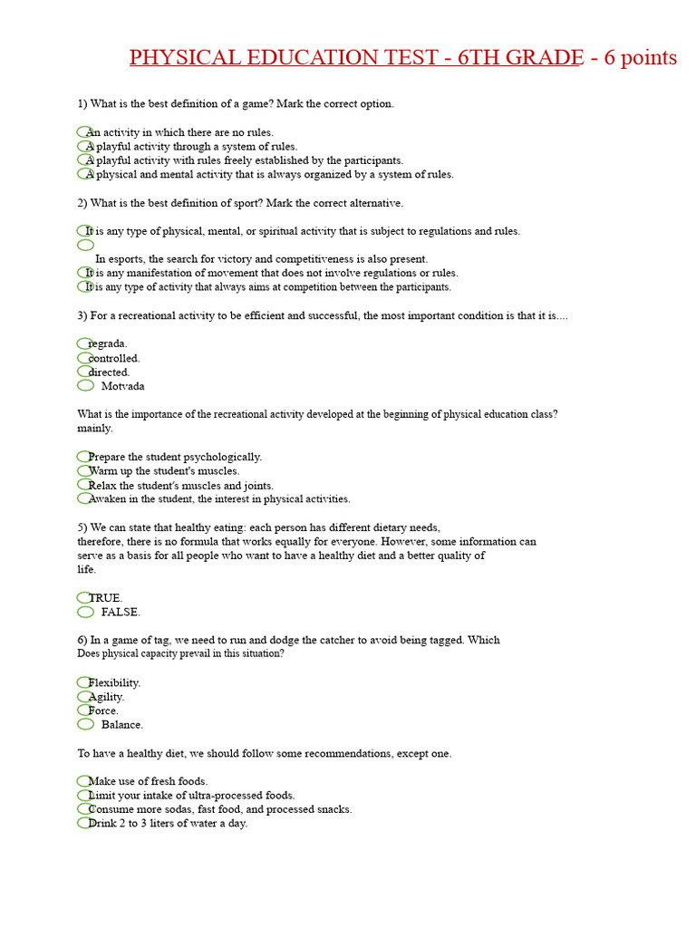 PHYSICAL EDUCATION TEST - 7th Grade | PDF | Sports | Determinants Of Health